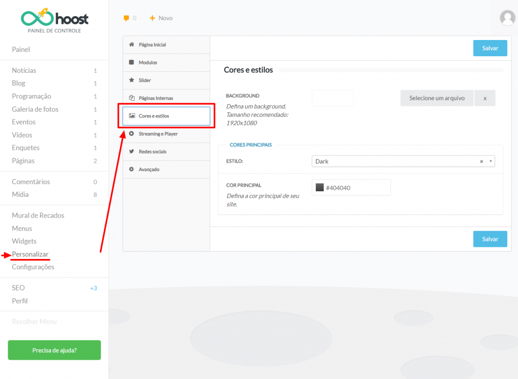 Alterando as cores de seu site - Hoost
